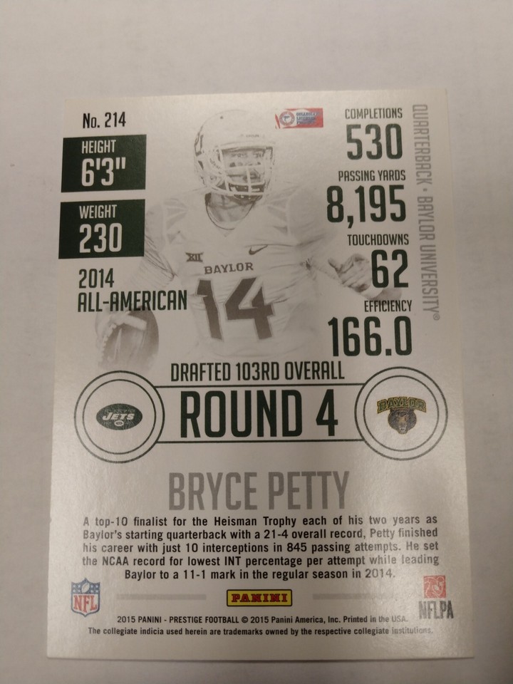 2015 Prestige Extra Points Green #214 Bryce Petty Rookie Jets (PWE) | eBay