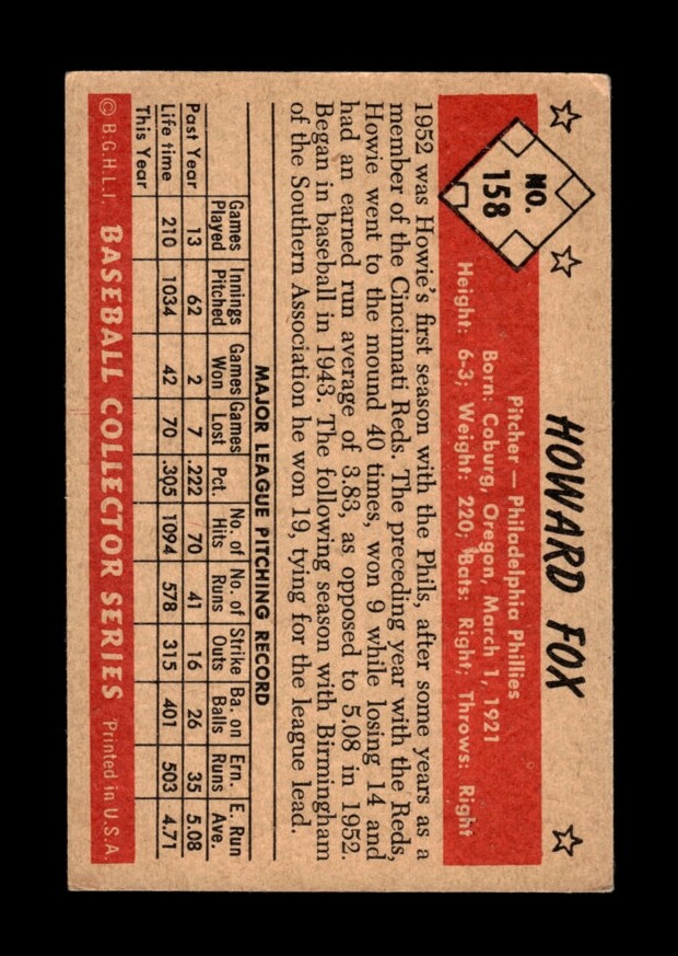 1953 Bowman Set-Break #158 Howard Fox VG-VGEX *GMCARDS* | eBay