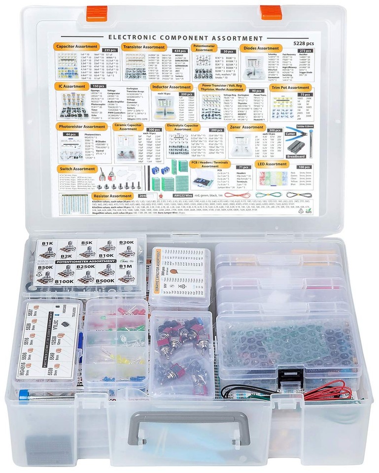 Electronic Component Assortment Box Kit, 5228 pcs, Capacitors ...