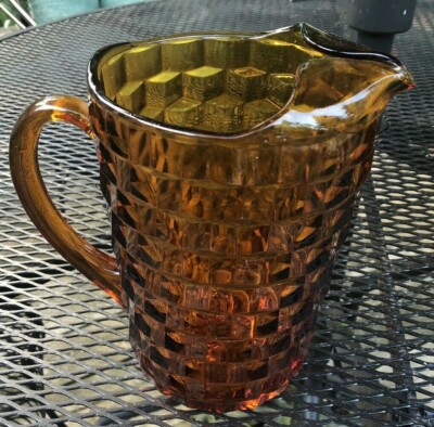 Indiana Glass Whitehall Pattern AMBER Cubist 8" Tall Pitcher American ...
