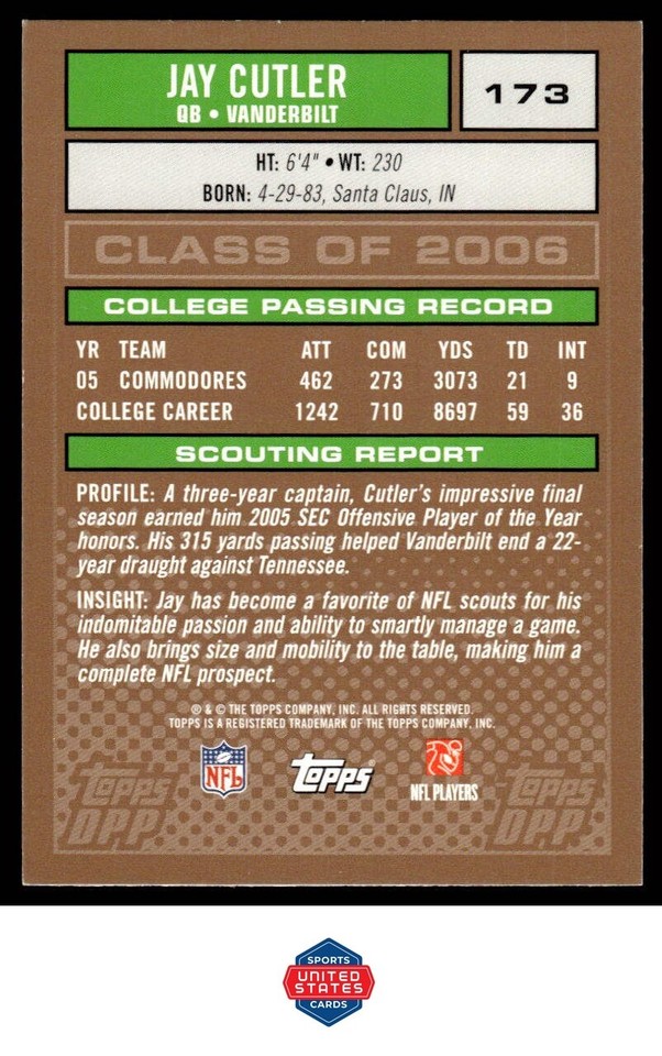 2007 Topps Draft Picks & Prospects #173 Jay Cutler Class of 2006 ...