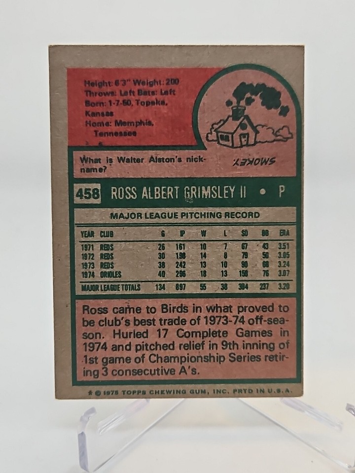 1975 Topps #458 Ross Grimsley Vintage Baltimore Orioles Baseball Card ...