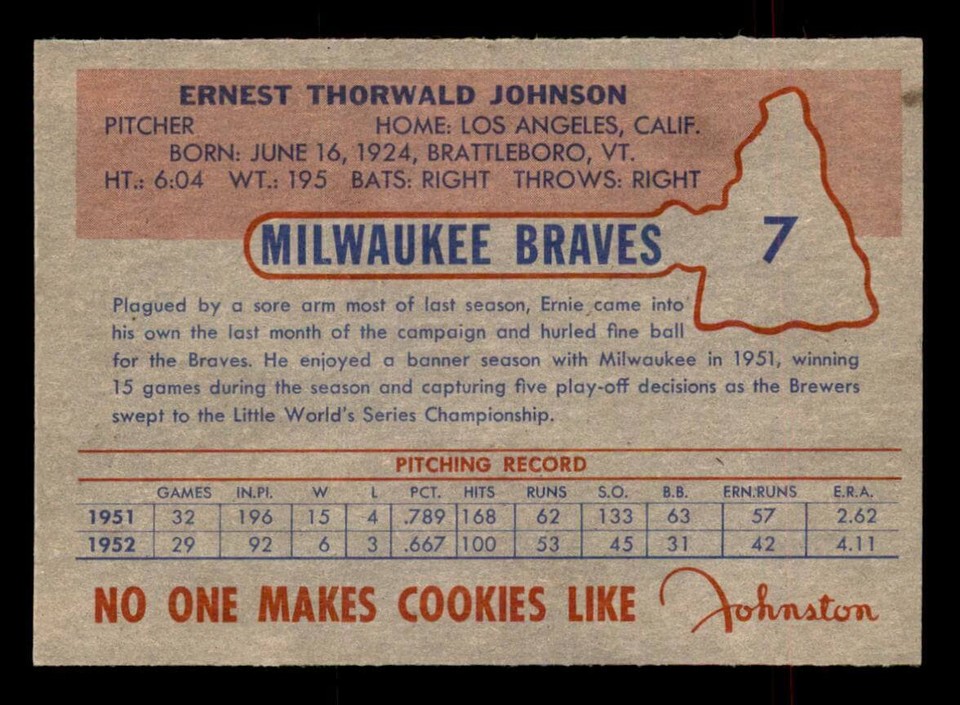 1953 Johnston Cookies #7 Ernie Johnson - EX-MT | eBay