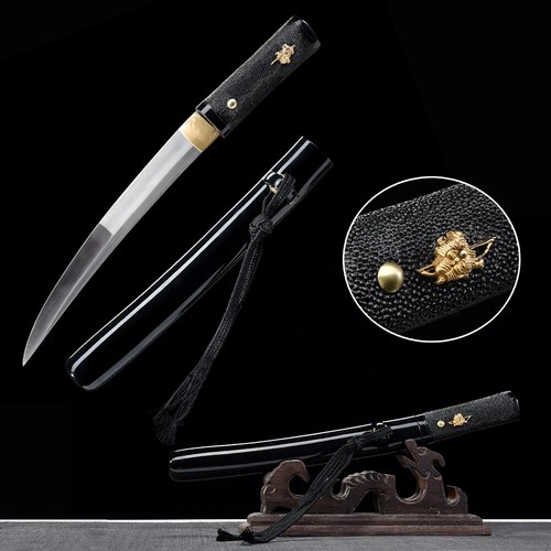 Traditional Japanese Samurai Tanto Black Knife Curved Blade 1060 Carbon ...