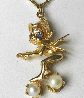 14k Gold Ruser Style Skating Cherub Fairy Sapphire Pearls Charm Pendant ...