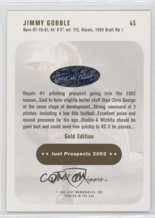 2002 Just Minors Just Prospects Gold /500 Jimmy Gobble #45 Rookie RC | eBay