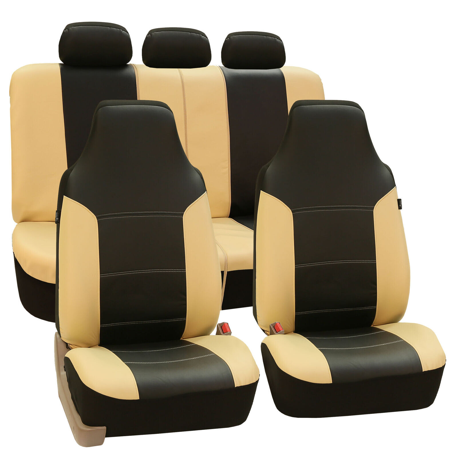 Faux Leather Beige Black Car Seat Cover Set Headrests Floor Mat Set | eBay