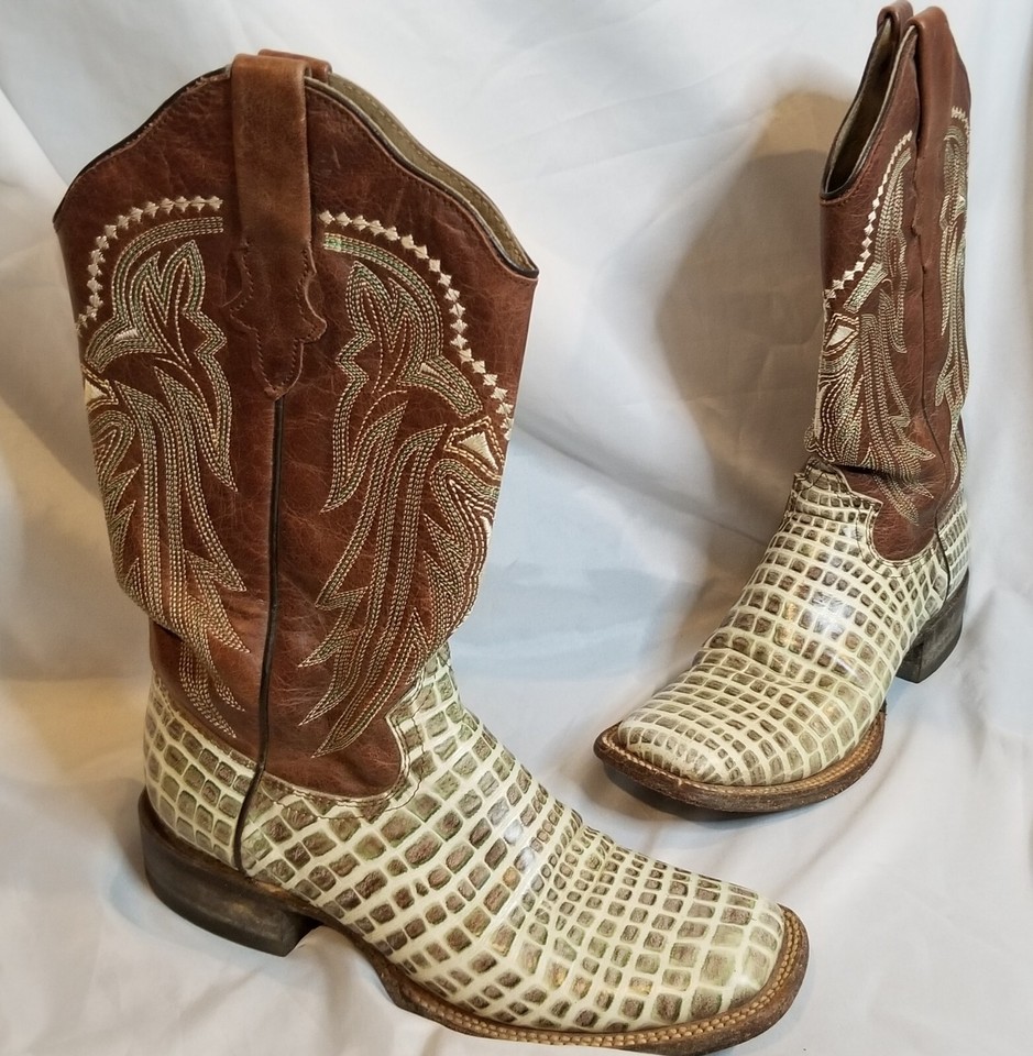 Roper Exotic Caiman Crocodile Print Cowboy Boots 7.5 Brown Square Toe ...