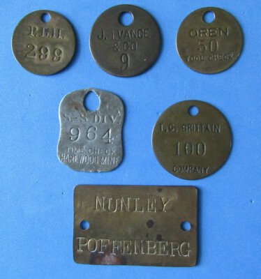 (6) VINTAGE COAL MINING TOOL CHECK BRASS TAG I.D BADGE LOT OREN ...