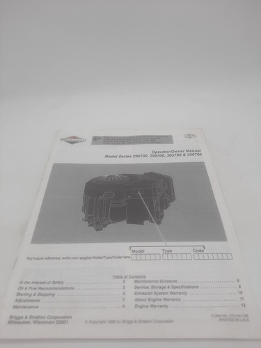 BRIGGS & STRATTON OPERATOR & OWNER'S MANUAL FOR 290700, 294700, 303700 ...