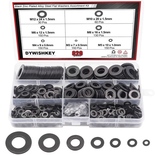 820Pieces 7 Sizes Black Zinc Plated Steel Flat Washers Assortment Kit ...