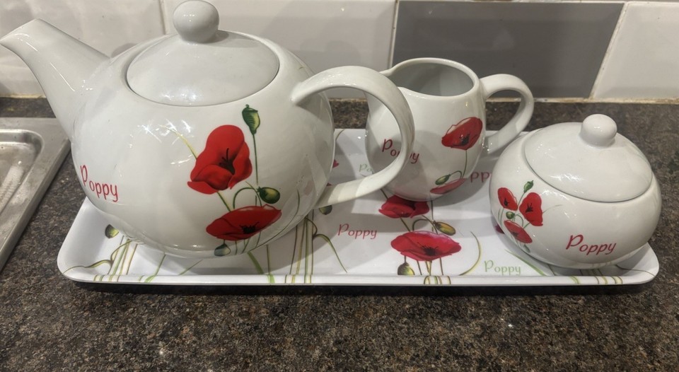 Dunelm **Poppy** Teapot, Milk Jug, Sugar Bowl & Melamine Tray | eBay UK