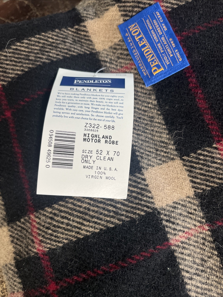 Vtg PENDLETON WOOL MILLS Highland Motor Robe Blanket Plaid Black Tan 52x70 NEW | eBay