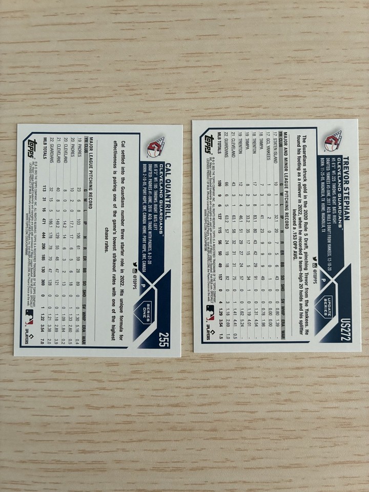 Cleveland Guardians Two (2) Card Lot 2023 Blue Rainbow Border Quantrill ...