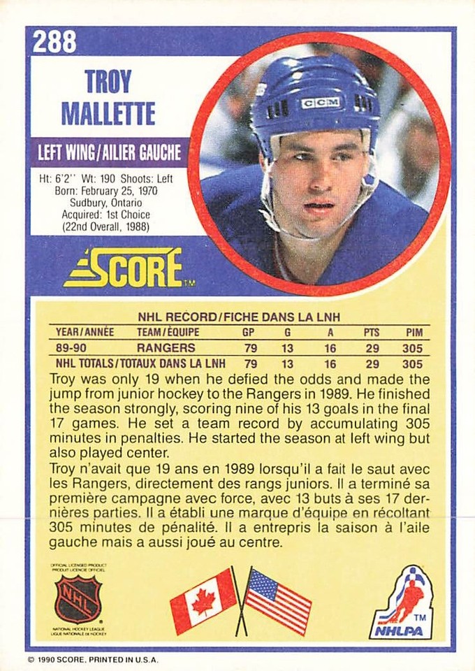 1990 Score Bilingual #288 Troy Mallette New York Rangers | eBay
