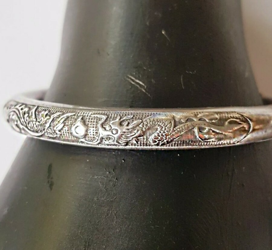 Vintage Solid SILVER CHINESE DRAGON BANGLE BRACELET w… - Gem