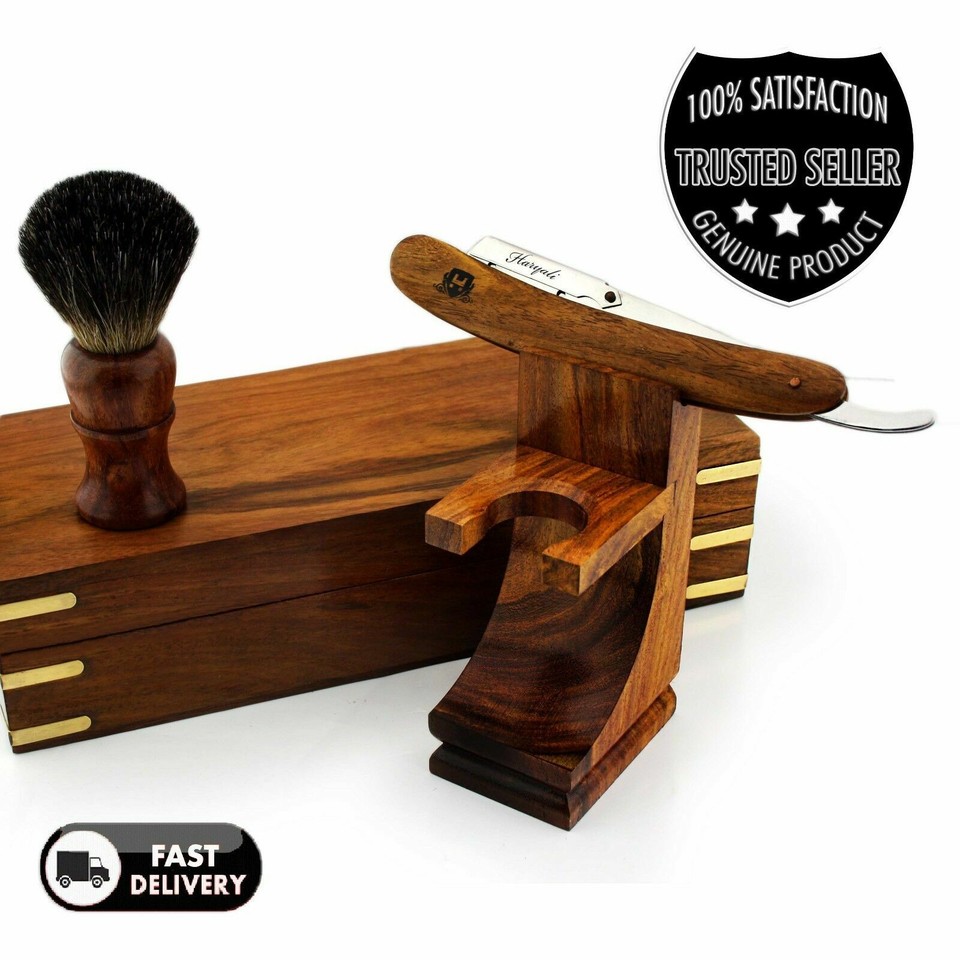 Barber Shaving Set Pure Badger Brush, Straight Cut Razor Stand & Wooden ...