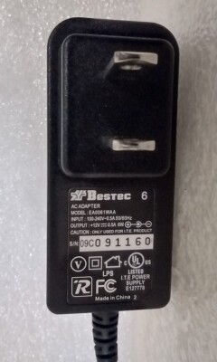 Bestec Model EA0061WAA AC Adapter In: 100-240V 0.5A 50/60Hz Out: +12V 0 ...