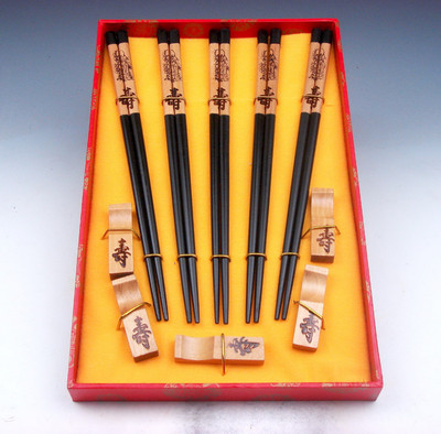 Gift Set 5 Pairs Long-Life SHOU Painted Wooden Chopsticks w/ 5 ...