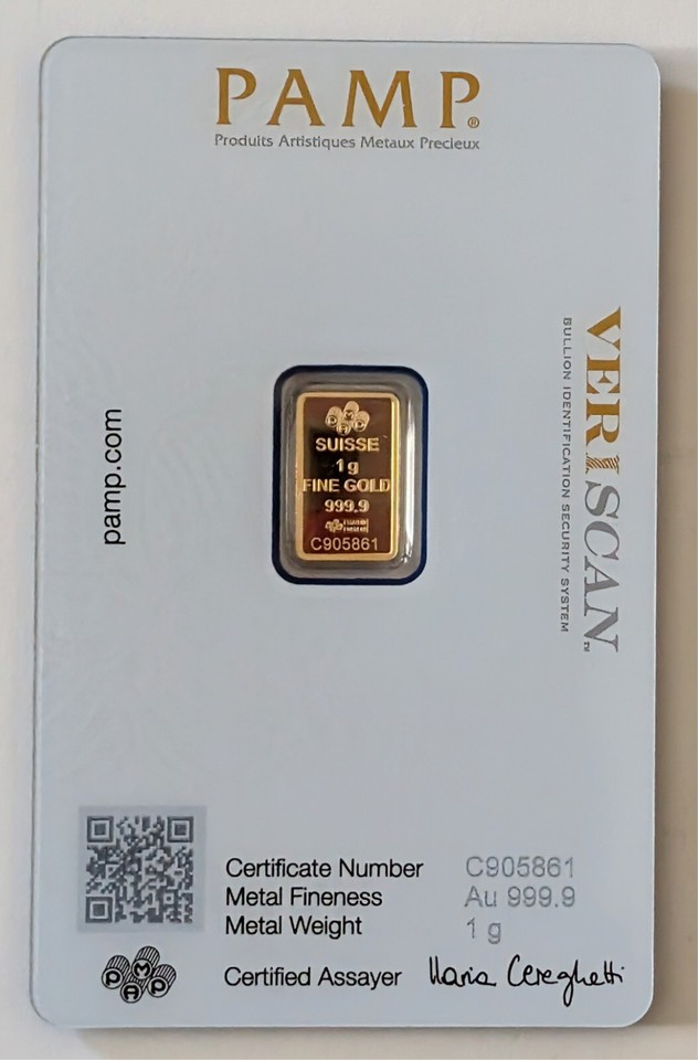 NEW IN PLASTIC PAMP SUISSE 1 GRAM GOLD BAR SEALED CERTIFICATE NUMBER ...