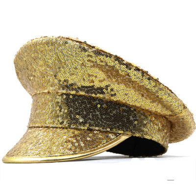 Women Men Disco Sequin Hat Gold Captain Cap Military Festival Glitter ...