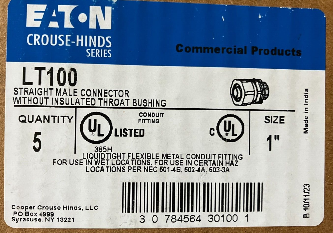Box of (5) NEW Eaton Crouse Hinds LT100 1" Straight Male Liquidtight ...