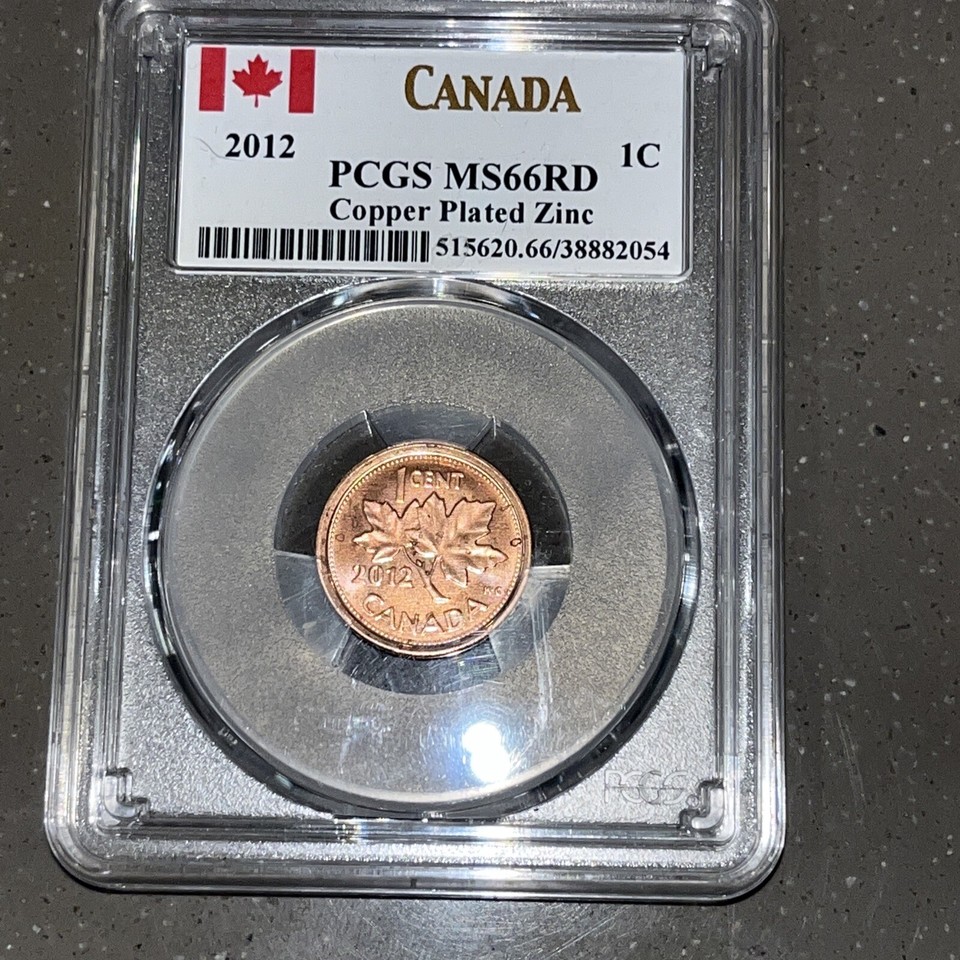 2012 CANADA 1 CENT PCGS MS66 RD TWO COIN SET 1 ZINC & 1 STEEL LAST YEAR ...