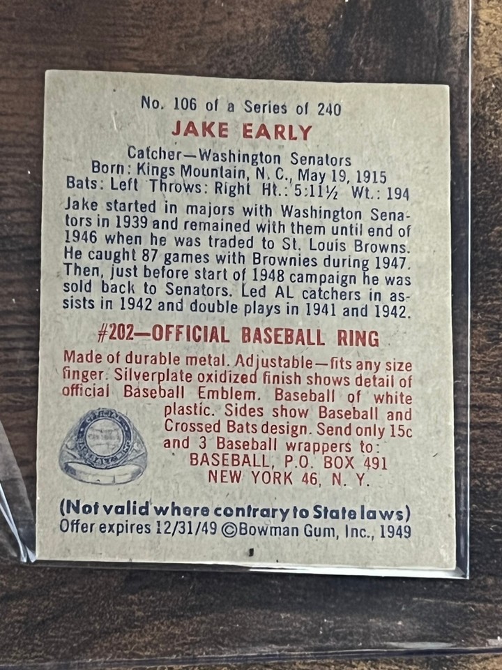 1949 Bowman Jake Early Rookie Washington Senators #10 VGEX+-EX NO ...