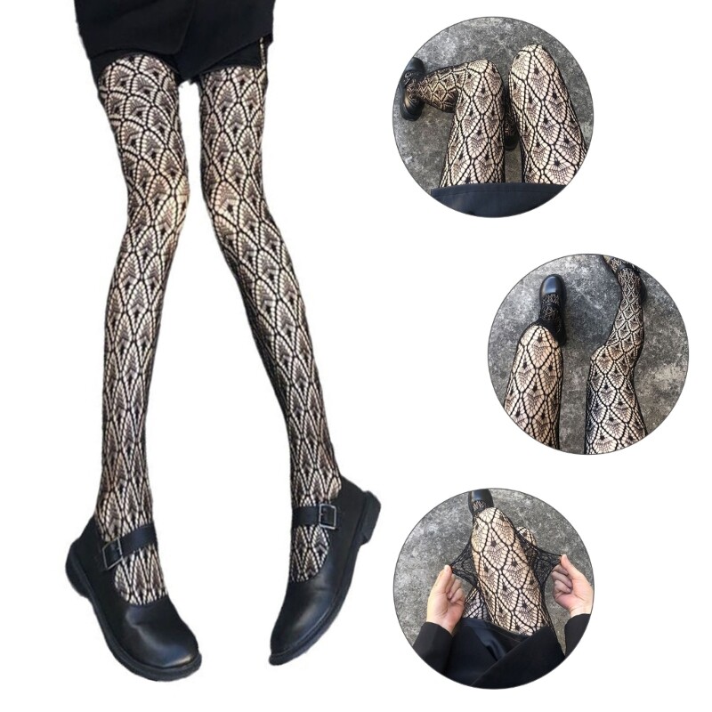 Women Geometric Pattern Mesh Tights Hollowed Sheer Fishnet Pantyhose ...