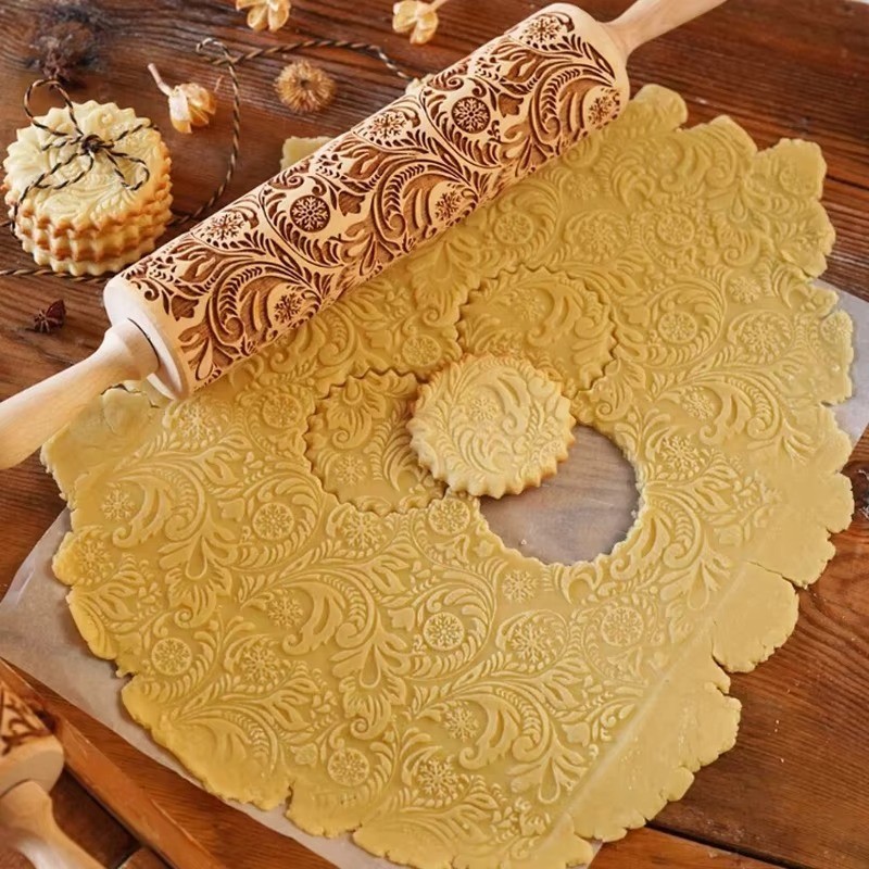 3D Embossing Rolling Pin Wooden Dough Roller Cookies Flower Pattern ...