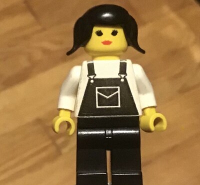 LEGO Classic Town Minifig Girl Black Overalls Black Pigtail Hair Red ...