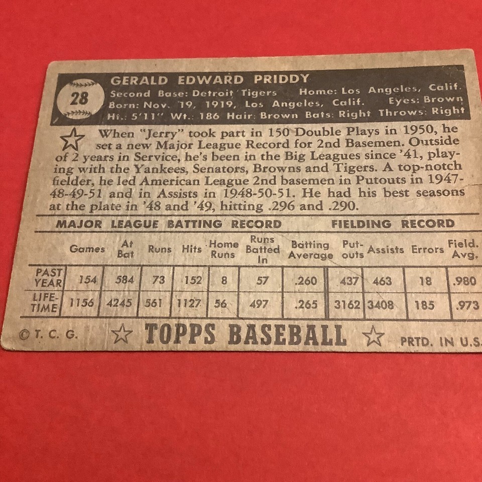 1952 Topps #28 Jerry Priddy Detroit Tigers FILLER | eBay