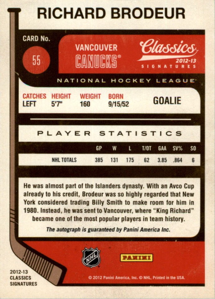 2012-13 Classics Signatures Autographs #55 Richard Brodeur Auto - NM-MT ...