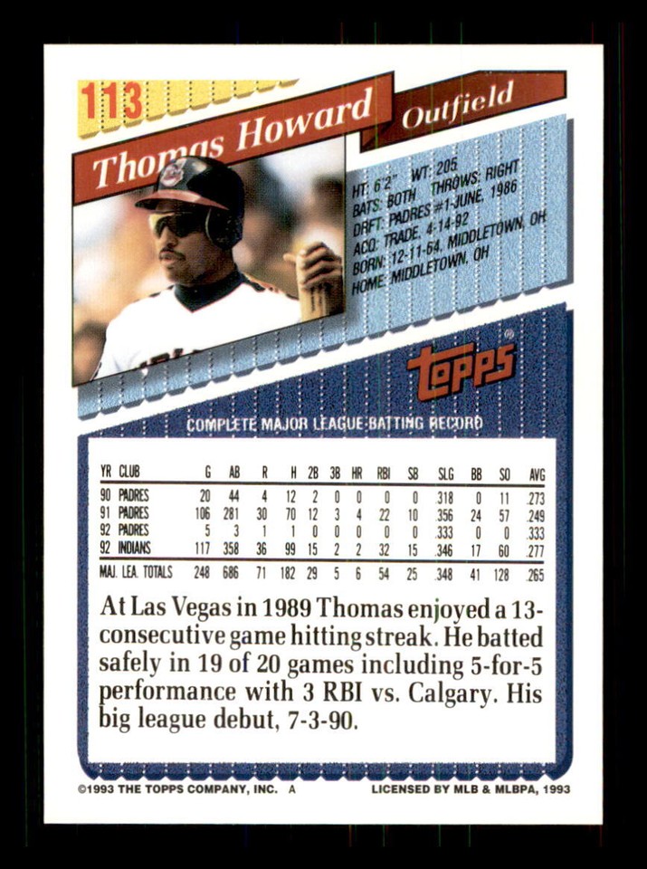 1993 Baseball Topps Thomas Howard Cleveland Indians #113 | eBay