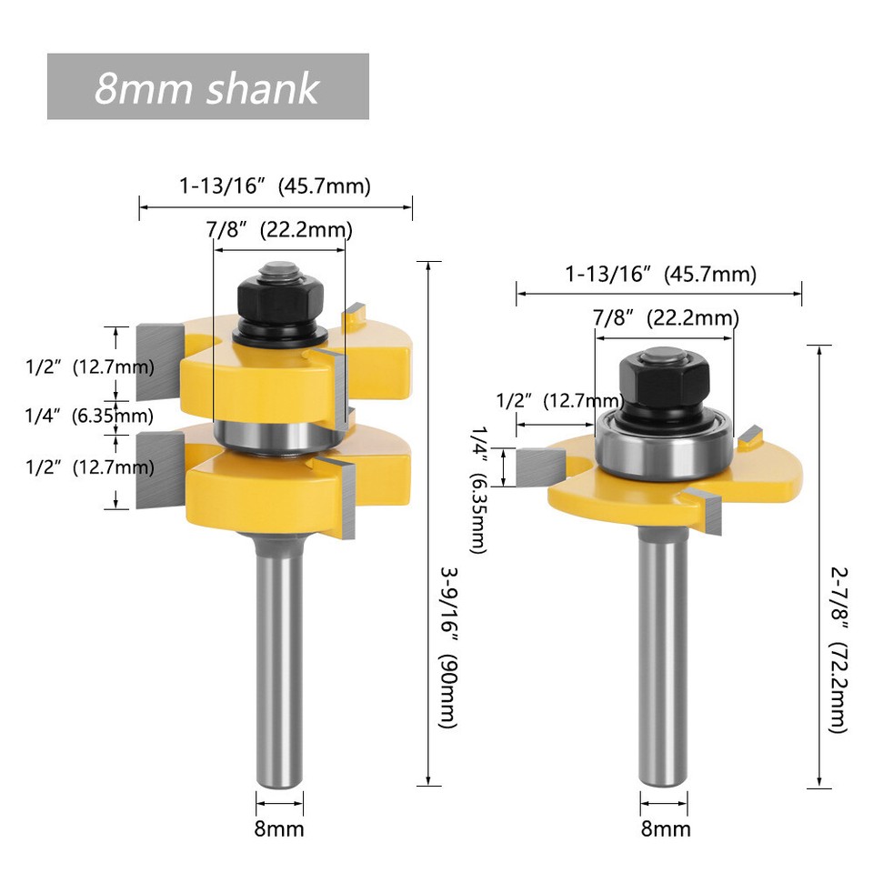 Joint Router Bits Set Tongue and Groove Cutter 3Flutes 2PCS Set 8mm ...
