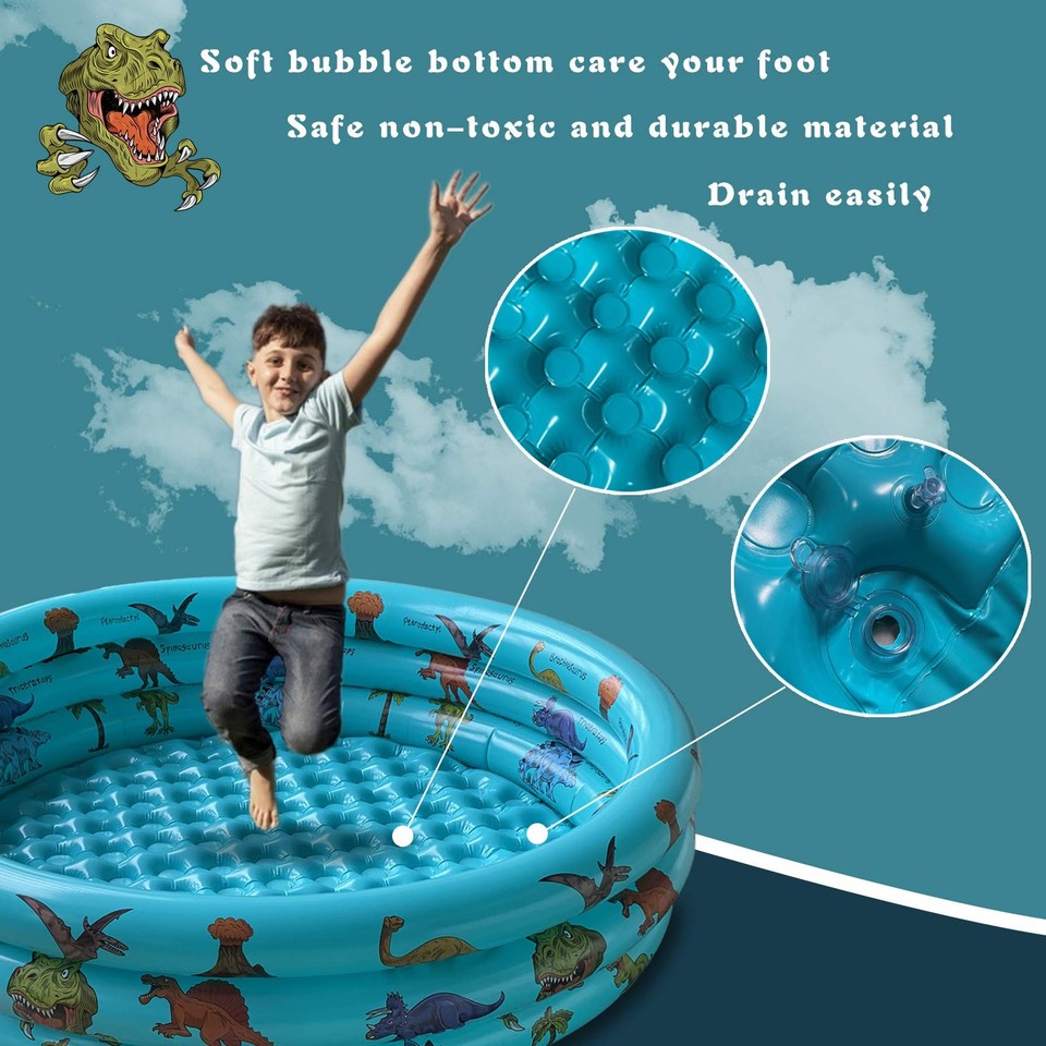 Dinosaur Inflatable Baby Pool Small Toddler Blow Up 3 Rings Round Pad ...