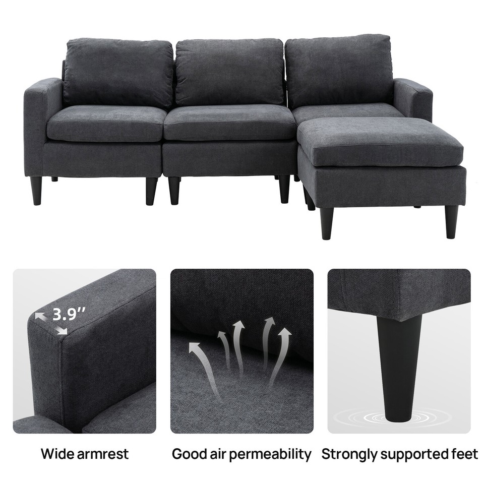 3 Seat Modern Sectional Sofa Couch Sofa Set w/ L-Shaped Chaise for ...