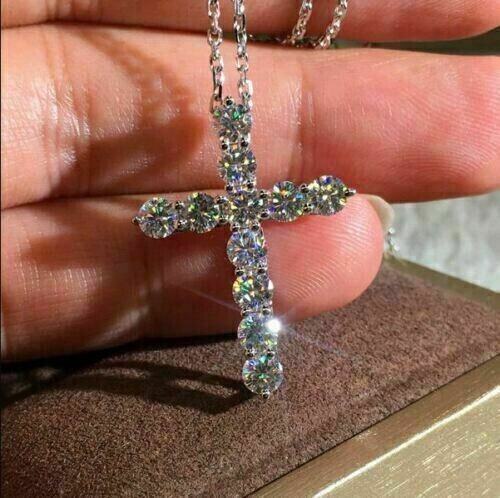 2Ct Lab Created Moissanite Diamond Cross Pendant 14K Chain White Gold ...