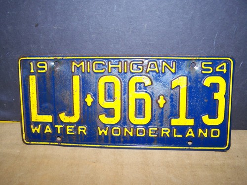 1954 Michigan License Plate LJ-96-13 Water Wonderland Blue And Yellow ...