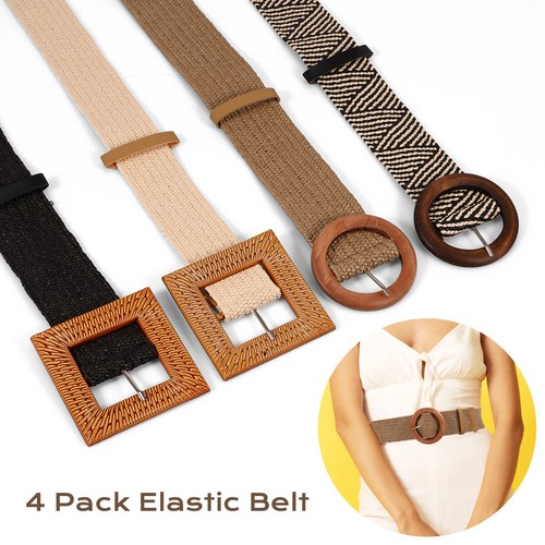 4Pcs Linen Braided Belt Fashion Woven Elastic Belt Skinny Dress Stretch ...
