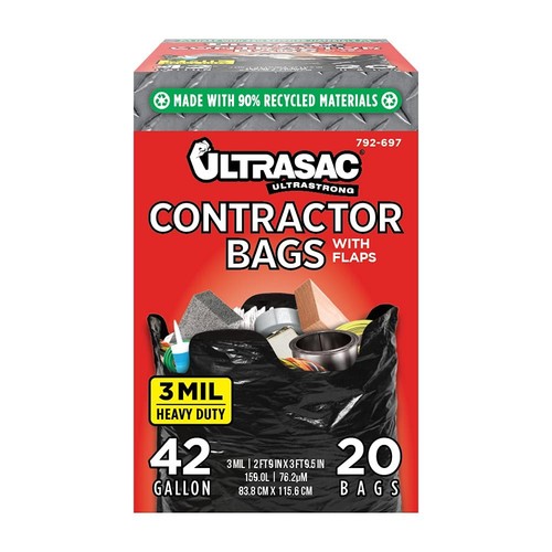 Contractor Bags 42 Gallon 20 PACK/w FLAP TIES, 32.75 x 44.5-3 MIL Thick ...