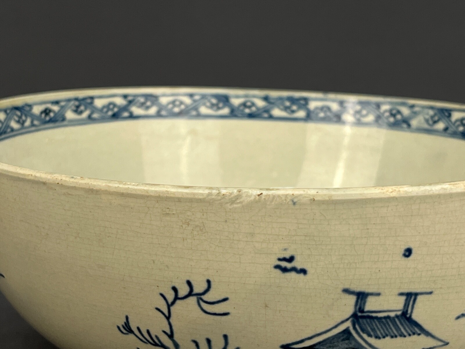 18th Century English Pearlware Blue & White 9” Punch Bowl Chinese House ...