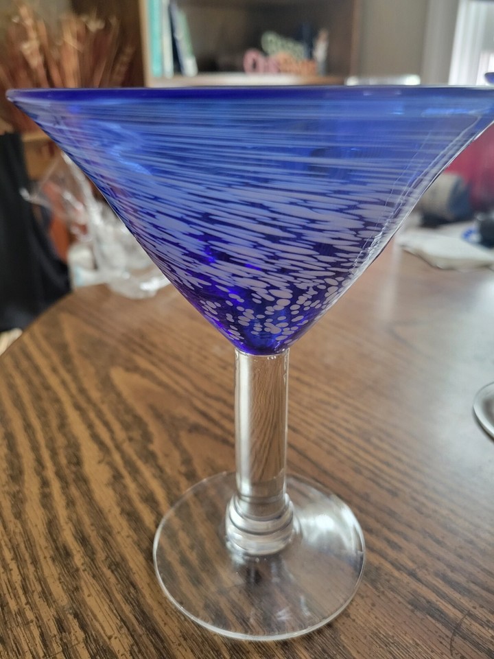 3 Blue Swirl Martini Glasses Hand Blown | eBay