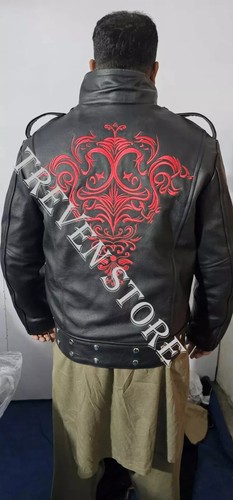 Gothic Dragon Leather Jacket - Black with Red Embroidery, Steampunk ...