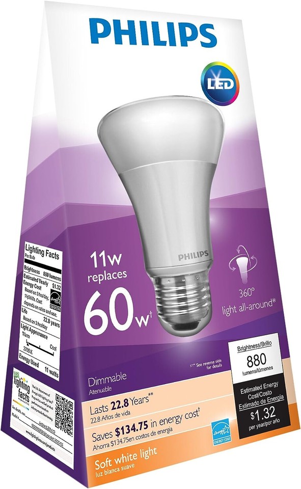 LOT OF 2 -Philips 11-watt A19 LED Household Dimmable Light Bulb Soft ...