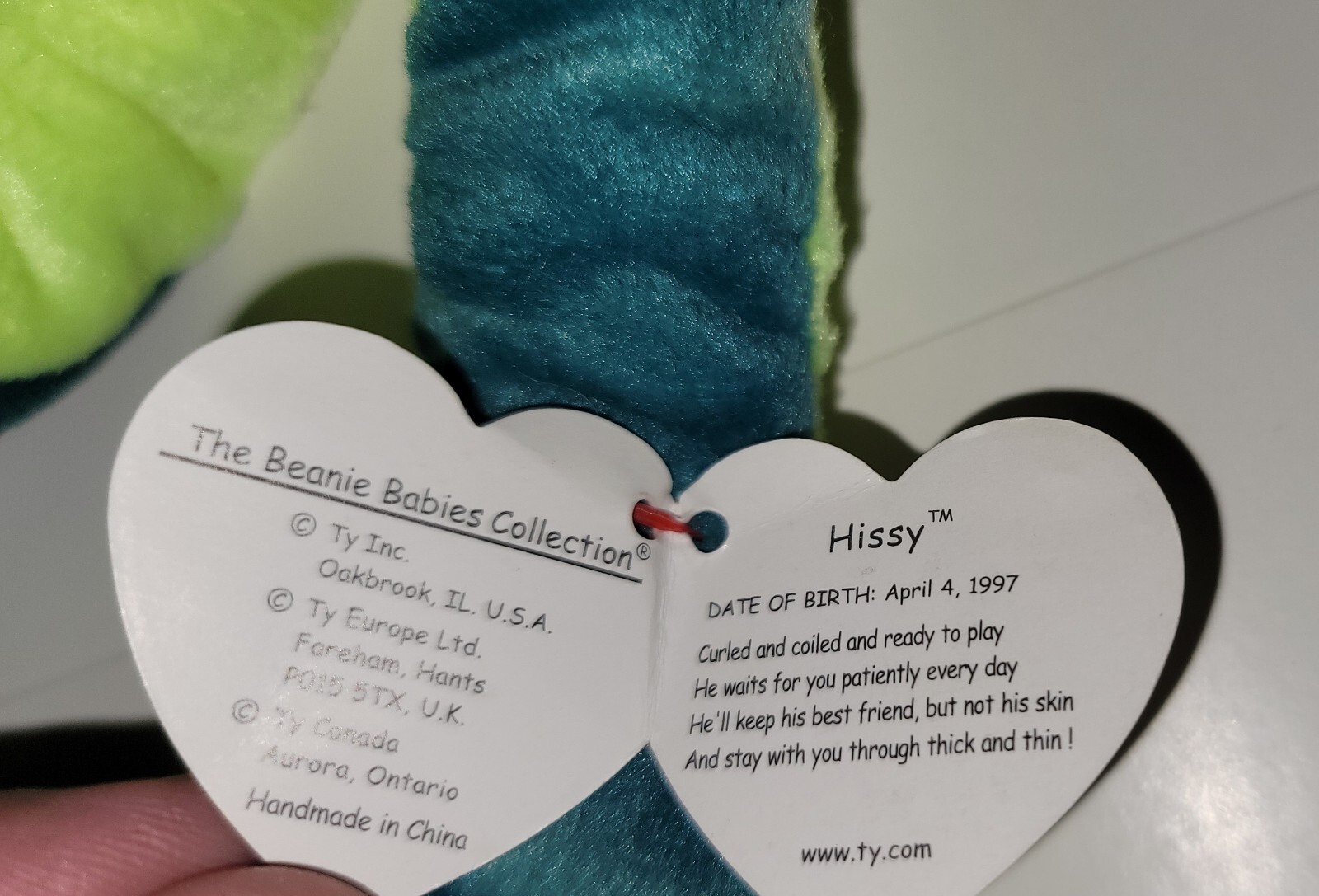 Ty Beanie Baby Hissy the Snake 1997 PVC Pellets *Rare Retired* Mint w ...