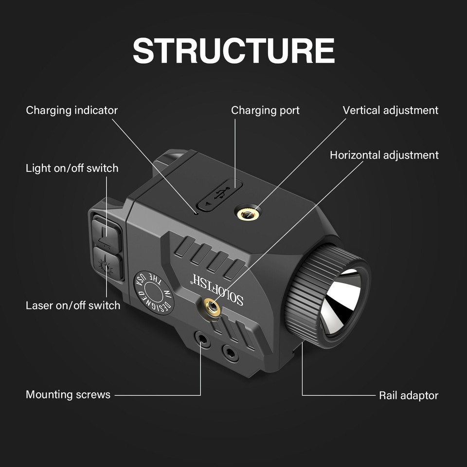 SOLOFISH 800lm Flashlight & Red/Green/Blue Laser Sight Combo Pistol ...