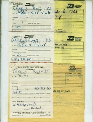 BURLINGTON NORTHERN RAILROAD TRAIN ORDERS (18) ASHLAND, NEBRASKA 1975 ...