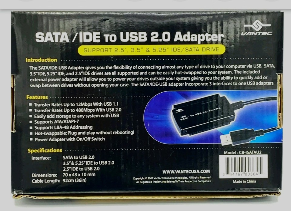 Vantec Sara/IDE To USB 2.0 Adapter Support 2.5" , 3.5" ,& 5.25" IDE ...