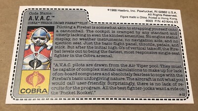GIJoe Cobra 1988 AVAC V1 Mail Away Red Back Reproduction File Card | eBay